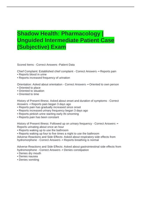 Shadow Health Pharmacology Unguided Intermediate Patient Case