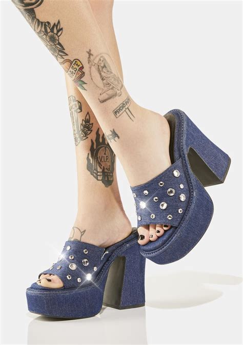 Delias Denim Rhinestone Platform Heeled Sandals Blue Dolls Kill