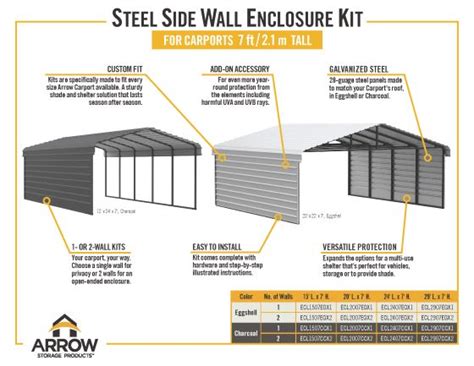 Arrow 1 Sided 20x20x7 Galvanized Steel Carport Kit Charcoal