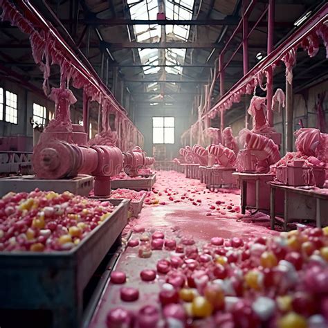 A Candy Factory Scene In An Deserted Warehouse With Conveyorbel Stock