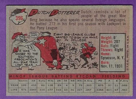1958 Topps 396 Dutch Dotterer Rc Cincinnati Redlegs Exmt Centered Ebay