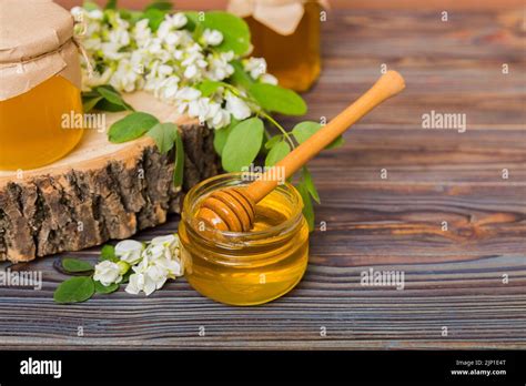 Sweet Honey Jar Surrounded Spring Acacia Blossoms Honey Flows From A