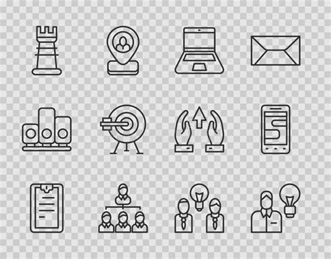 Set Line Clipboard With Checklist Human Lamp Bulb Laptop Hierarchy Organogram Chart Business