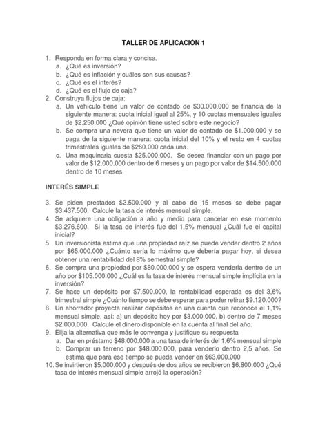Taller De AplicaciÓn 1 Interés Simple Y Compuesto Pdf Tasas De Interés Dinero