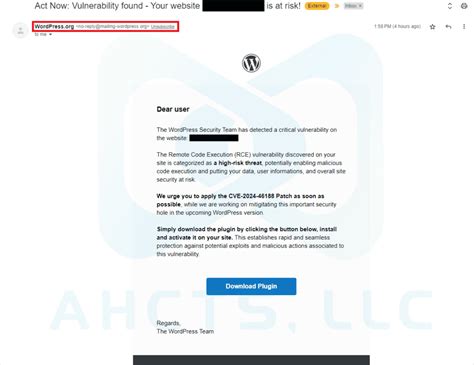 Alert Wordpress Users Targeted By Newly Emerging Cve 2024 46188 Phishing Scam Ahcts Llc