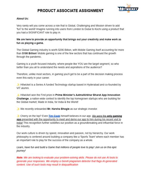 Product Associate Assignment Hitwicket 2024 Pdf