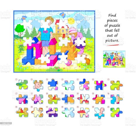 어린이와 성인을 위한 논리 게임 그림에서 떨어진 퍼즐 조각을 찾으십시오 아이들 수수께끼 책을위한 페이지입니다 세심함을위한 작업