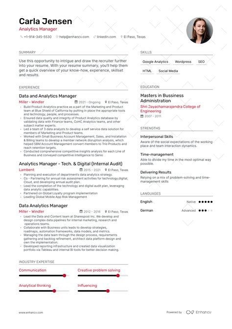 Analytics Manager Resume Examples And Guide For 2023 Layout Skills