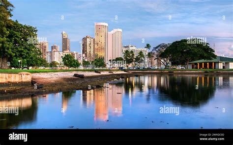 Ala Moana Beach Park With The Downtown Skyline In Honolulu Oahu