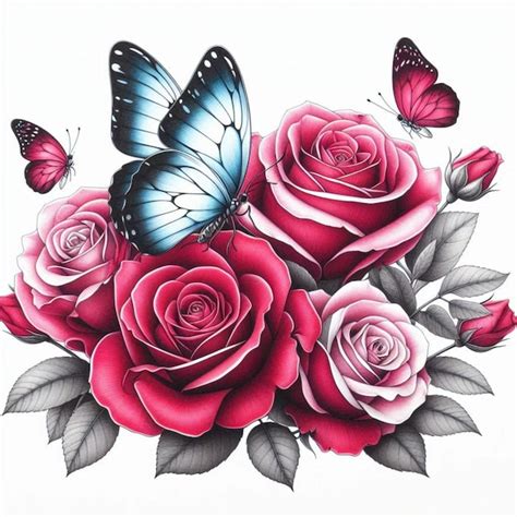A Drawing Of A Butterfly And Roses With Butterflies Premium Ai