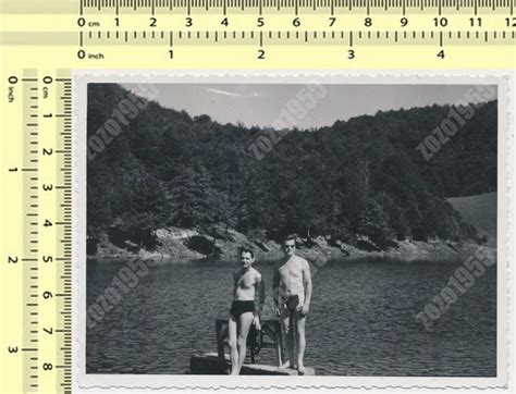 Two Shirtless Man In Trunks Beach Bulge Gay Int Males Vintage Photo Old