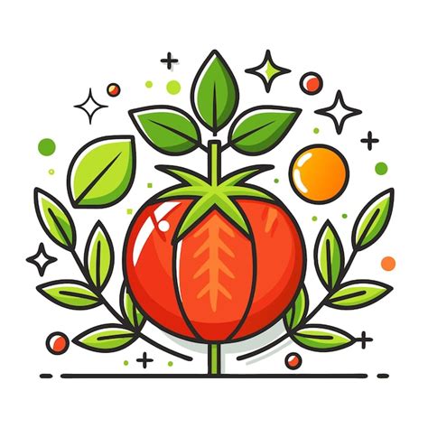 A Single Tomato On A Vine With Leaves And Decorative Elements Around