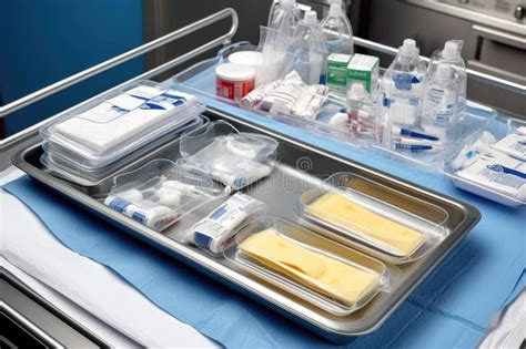 Sterilization Tray With Instruments And Packages Of Sterile Bandages