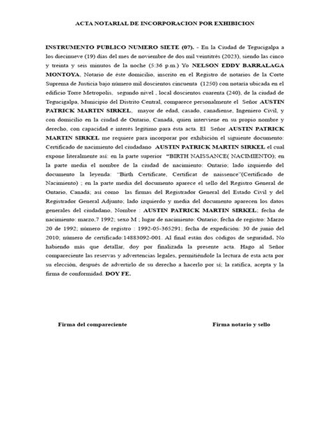 Acta Notarial De Incorporacion Por Exhibicion Nelson B Pdf