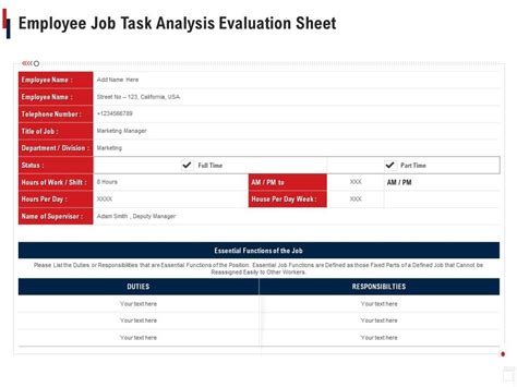 Employee Job Task Analysis Evaluation Sheet Presentation Graphics Powerpoint Ppt