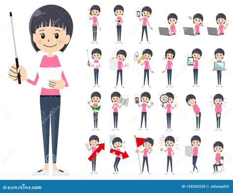 Female Charactor Set Presenting In Various Action Stock Vector