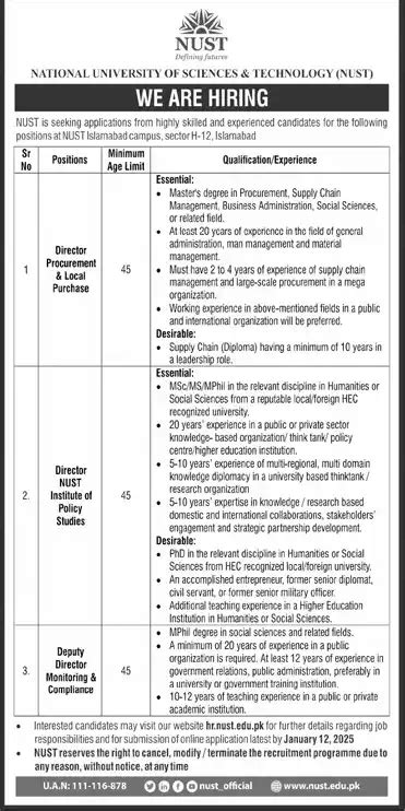 Nust Jobs 2025 Islamabad Online Apply Pk Application