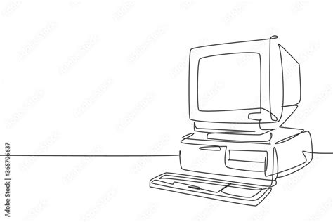 Single Continuous Line Drawing Of Retro Old Classic Personal Computer Processor Unit Vintage