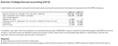 [solved] exercise 1 2 algo accrual accounting [lo1 2] l