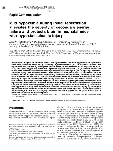 Pdf Mild Hypoxemia During Initial Reperfusion Alleviates The Severity Of Secondary Energy
