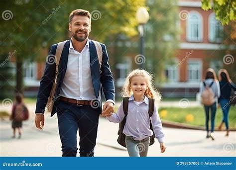 Father Takes Daughter To School Beloved Daddy And Daughter Happy