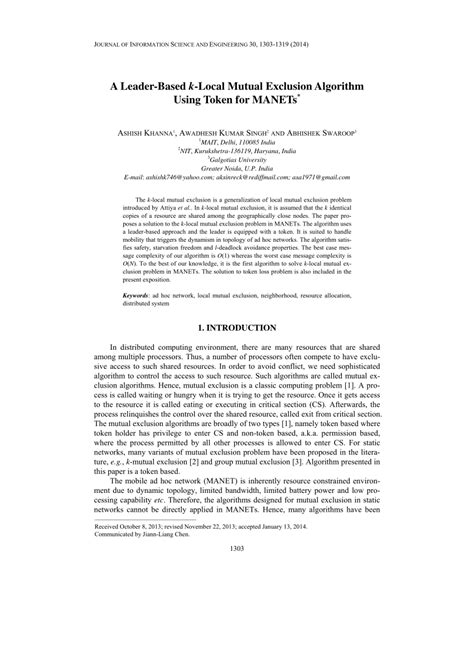Pdf A Leader Based K Local Mutual Exclusion Algorithm Using Token For Manets