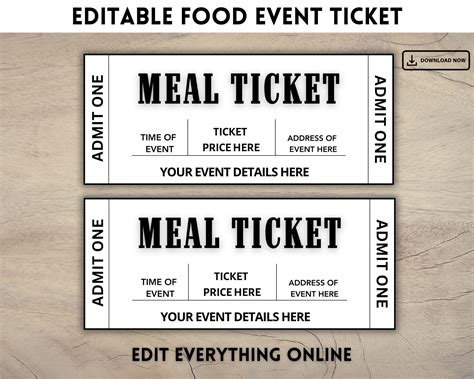 Editable Food Event Ticket Food Ticket Template Ticket Pdf Meal