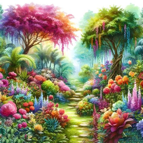 Image Of Vibrant Colors Watercolor Garden Of Flowers And Trees Stock