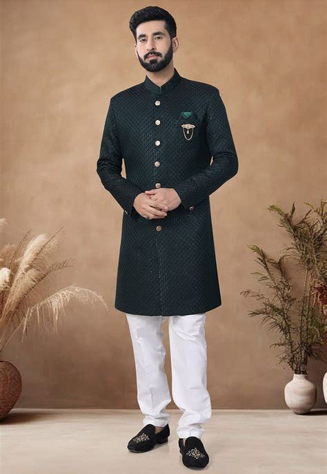 Buy Embroidered Art Silk Sherwani In Dark Olive Green Online Mkz104
