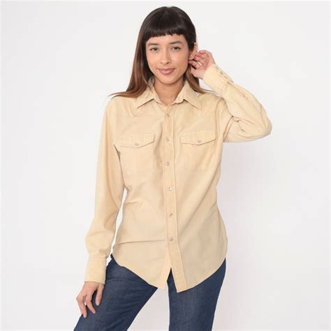 Western Shirt 70s Cream Pearl Snap Shirt Long Sleeve Button Up Retro