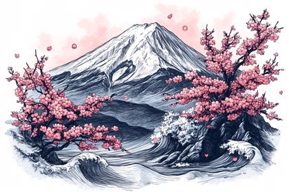 Free Hand Drawn Illustration Of Mount Fuji With Cherry Blossoms And Waves