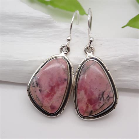 Sterling Silver Rhodonite Earrings Natural Rhodonite Teardrop