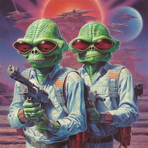 Premium Photo Painting Of Two Alien Men With Guns In Front Of A