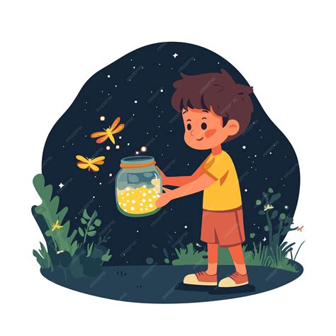 A Boy Catching Fireflies In A Jar At Dusk Premium Ai Generated Vector