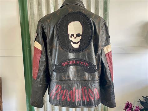 1990s Vintage Leather Biker Jacket Black Red Revolution Sz Xl Ooak