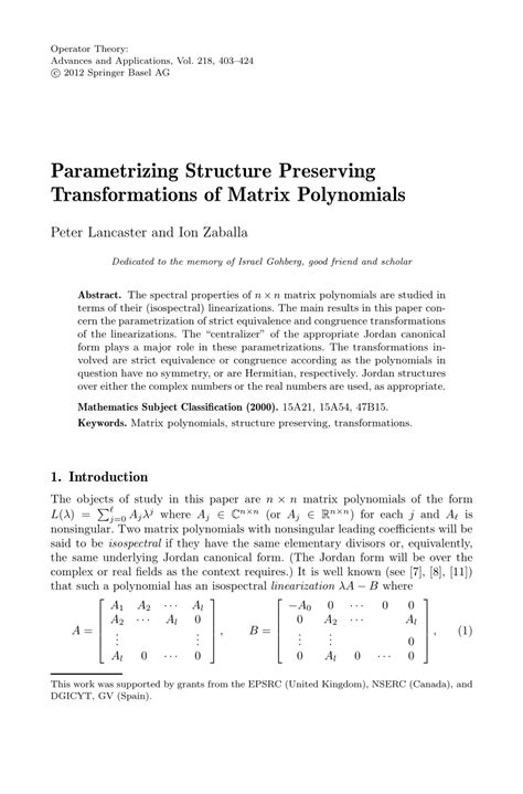 Pdf Parametrizing Structure Preserving Transformations Of Matrix