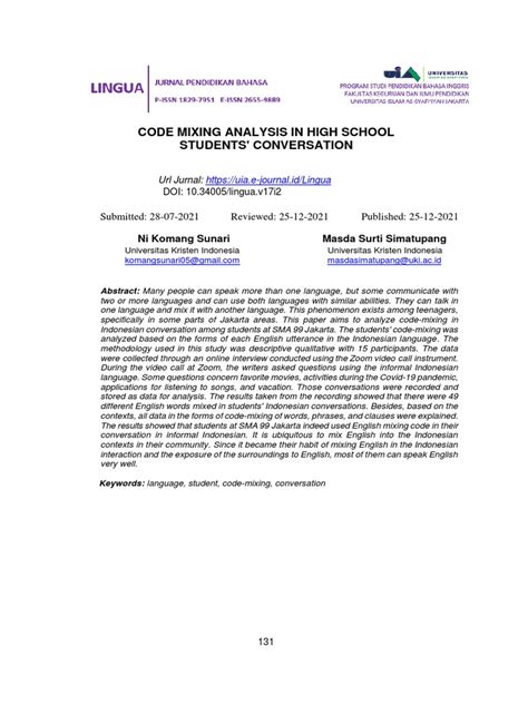 Code Mixing Analysis In High School Students Conversation Pdf Pdf