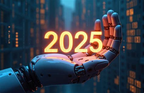 Futuristic Robot Hand Holds Glowing 2025 Number Binary Code Surrounds Hand Image Tech