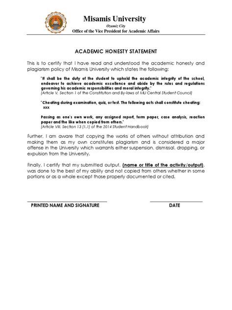 Academic Honesty Statement Pdf