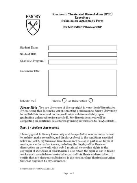 Fillable Online Electronic Thesis And Dissertation Etd Release Form