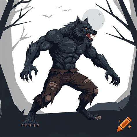 A Cartoonish Muscular Dark Grey Werewolf With Fangs And Ripped Brown