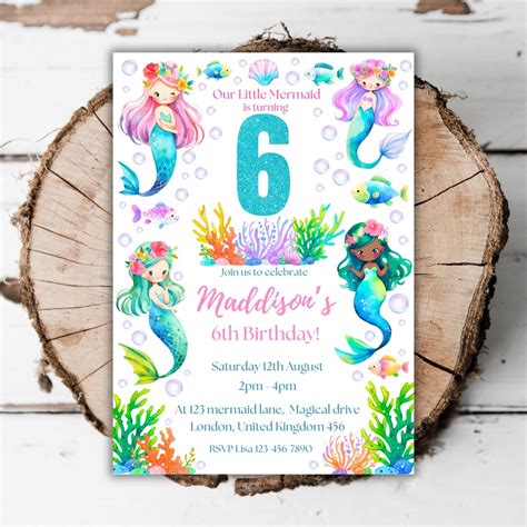 Printable Mermaid 6th Birthday Invitation Girls Tropical Under The Sea