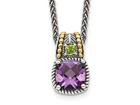Sterling Silver Antiqued With 14k Accent Amethyst And Peridot Necklace