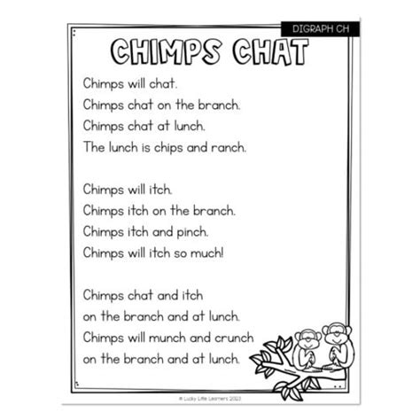 Lucky To Learn Phonics Digraphs Ch 1st Grade Phonics Poem Chimps