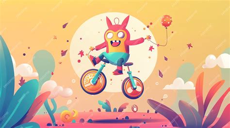 A Cute Cartoon Monster Rides A Bicycle Through A Fantastical Landscape