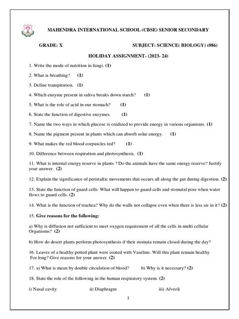 G 10 Bio Assignment Pdf Respiratory System Digestion