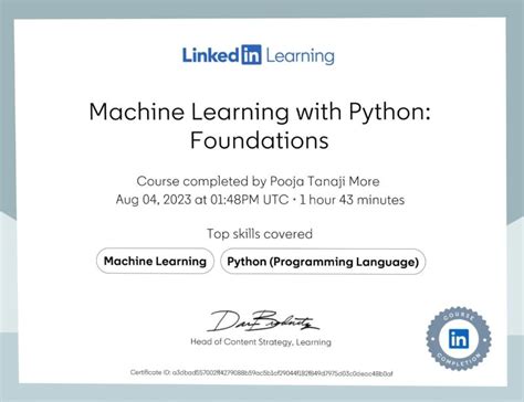 Completing Machine Learning With Python At Linkedin Pooja More Posted On The Topic Linkedin