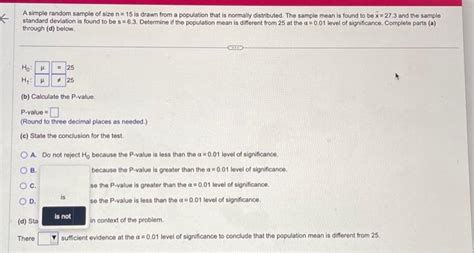 solved a simple random sample of size n 15 is drawn from a