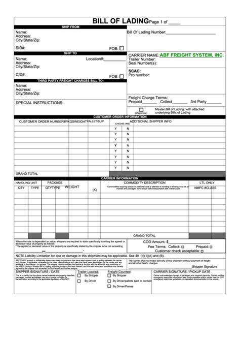 Fillable Bill Of Lading Form Printable Pdf Download