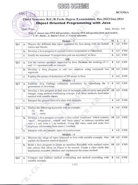 Vtu Question Paper Of Bcs306a Object Oriented Programming With Java Jan